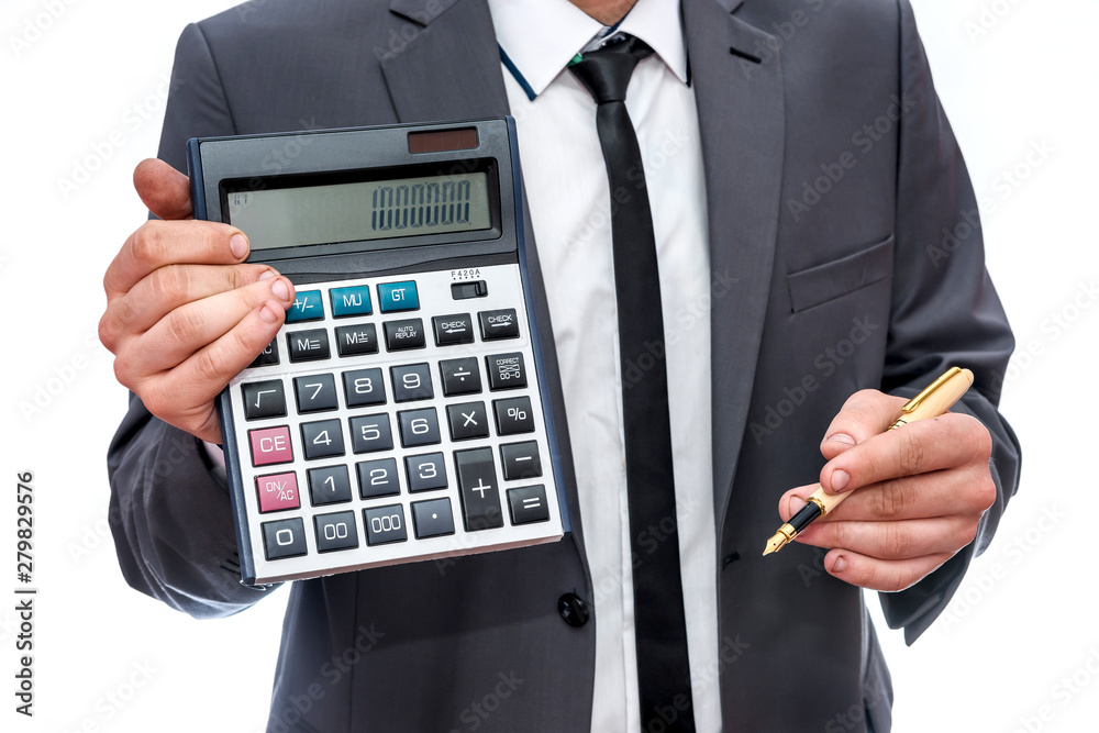 Man in suit showing calculator isolated on white wall mural wallpaper ...