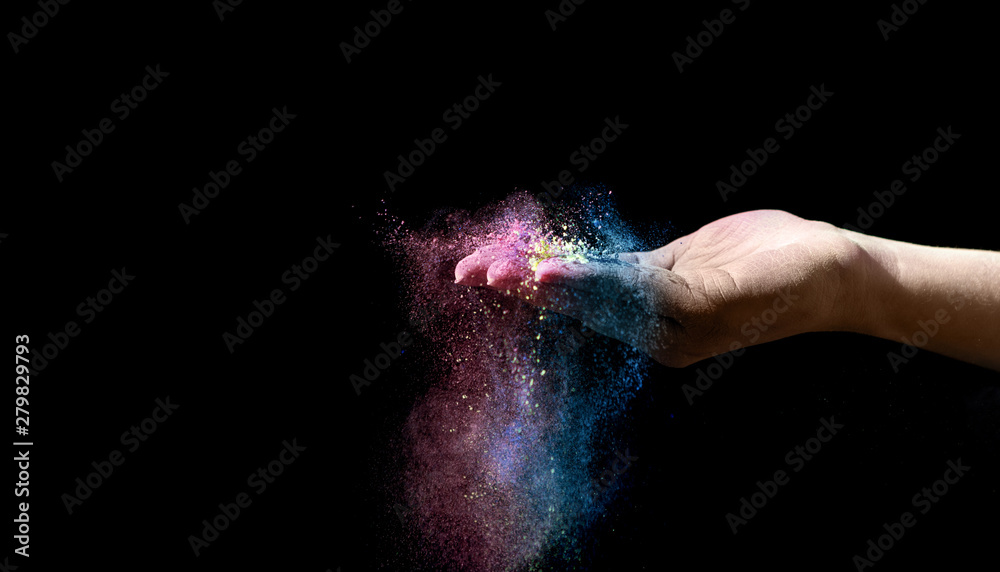 Magical colored holi powder explosion on the woman palm Stock Photo ...