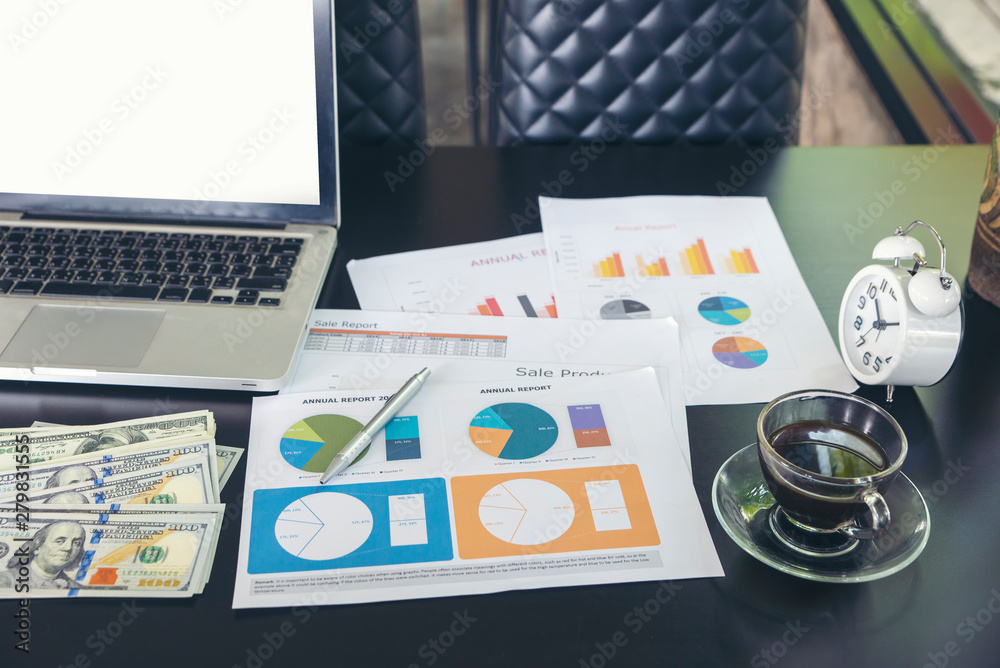 Business computer office desk with desktop laptop,notebook,cup of ...