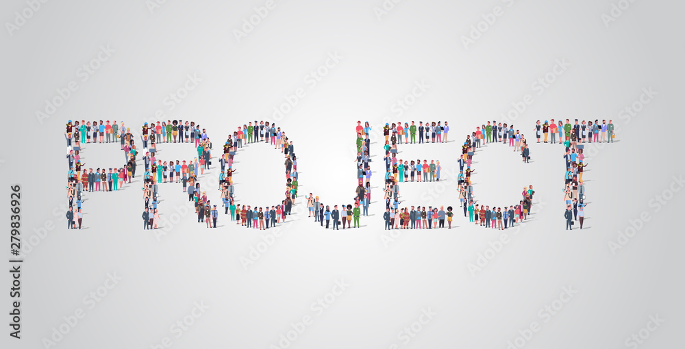 people crowd gathering in shape of project word different occupation ...