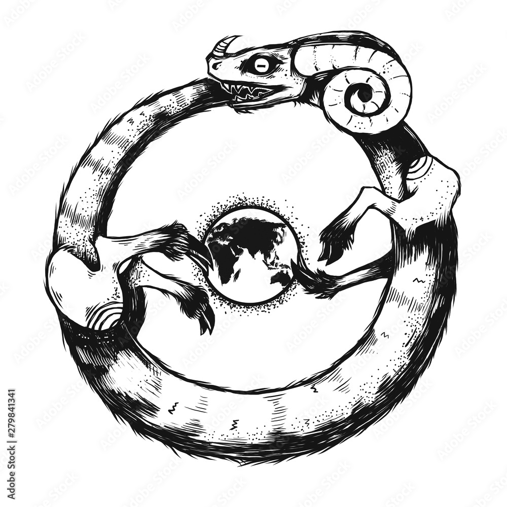 Ancient symbol Ouroboros. The demon snake dragon with horns running on ...