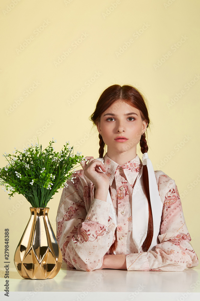 redhead girl, ginger-haired girl, young girl, girl with two braids ...