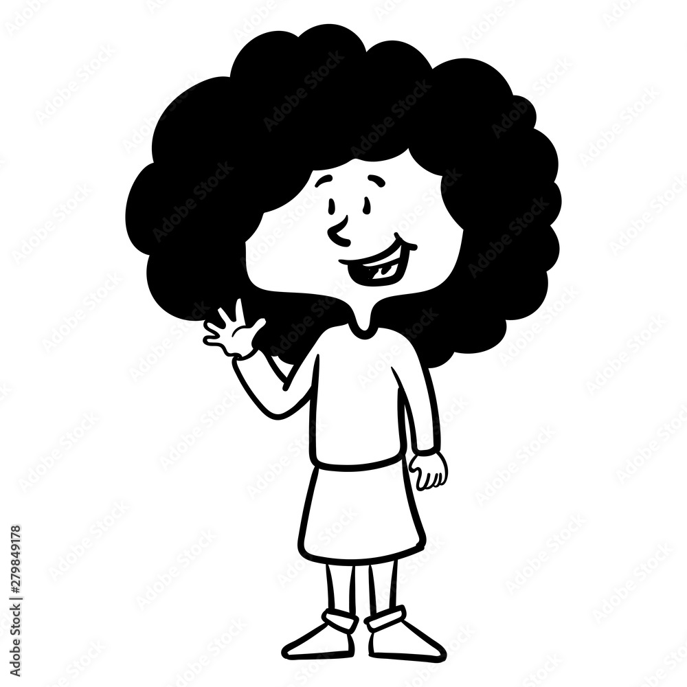 monochrome vector illustration of a young girl with black curly hair ...