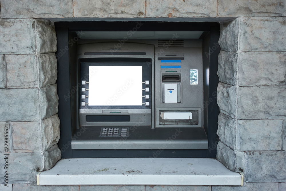 Street ATM teller machine with current operation. Blank screen for ...