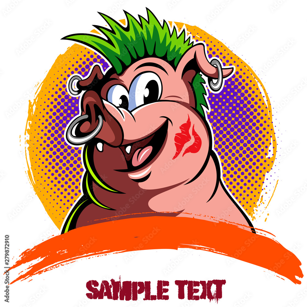 Punk rock style pig, smiling pig with piercing and kiss lips on his ...