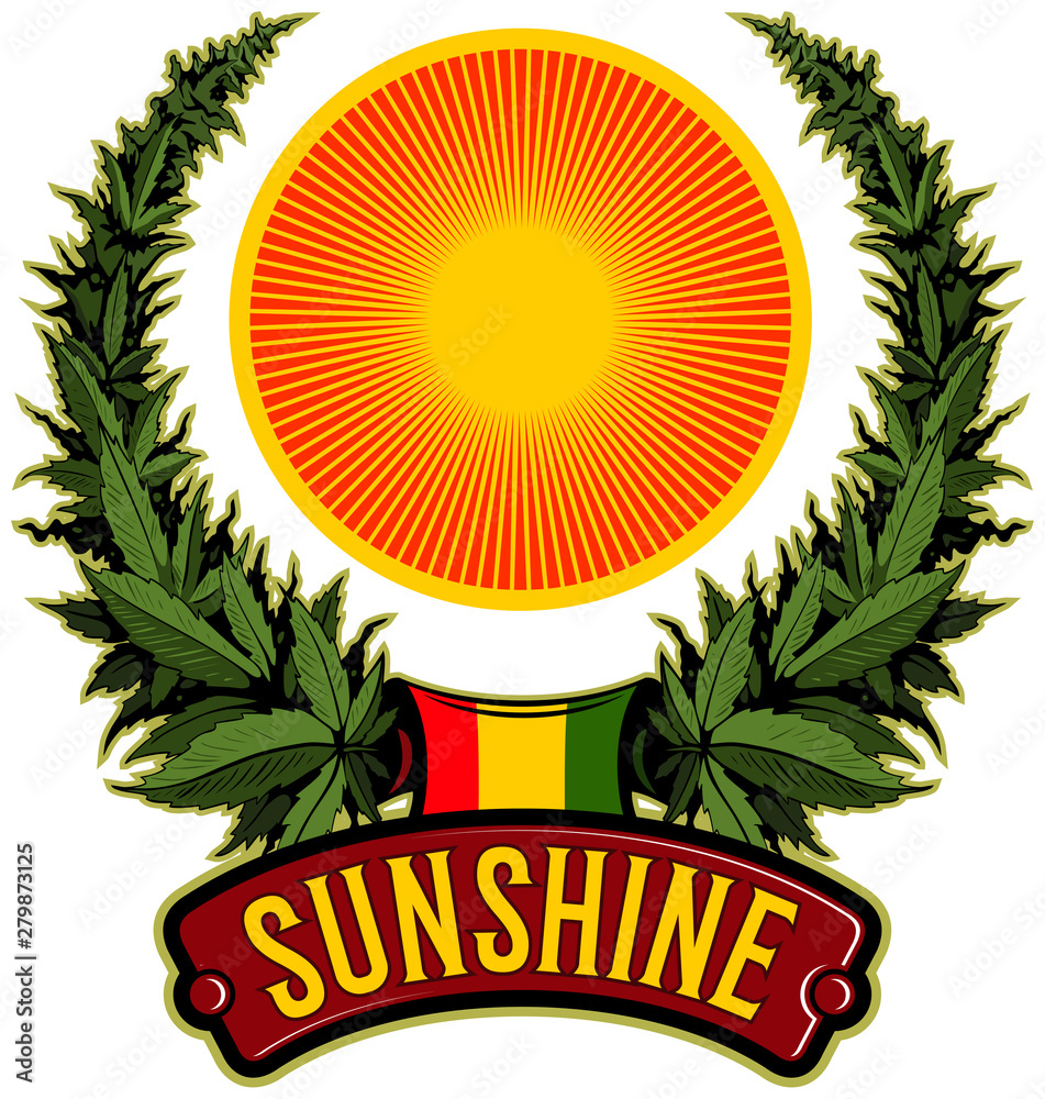 Reggae style logo, cannabis wreath, cannabis leaves with the sunshine ...