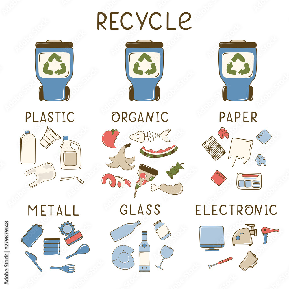 Reduce, Reuse, Recycle waste illustration. Trash bins for paper, metal ...