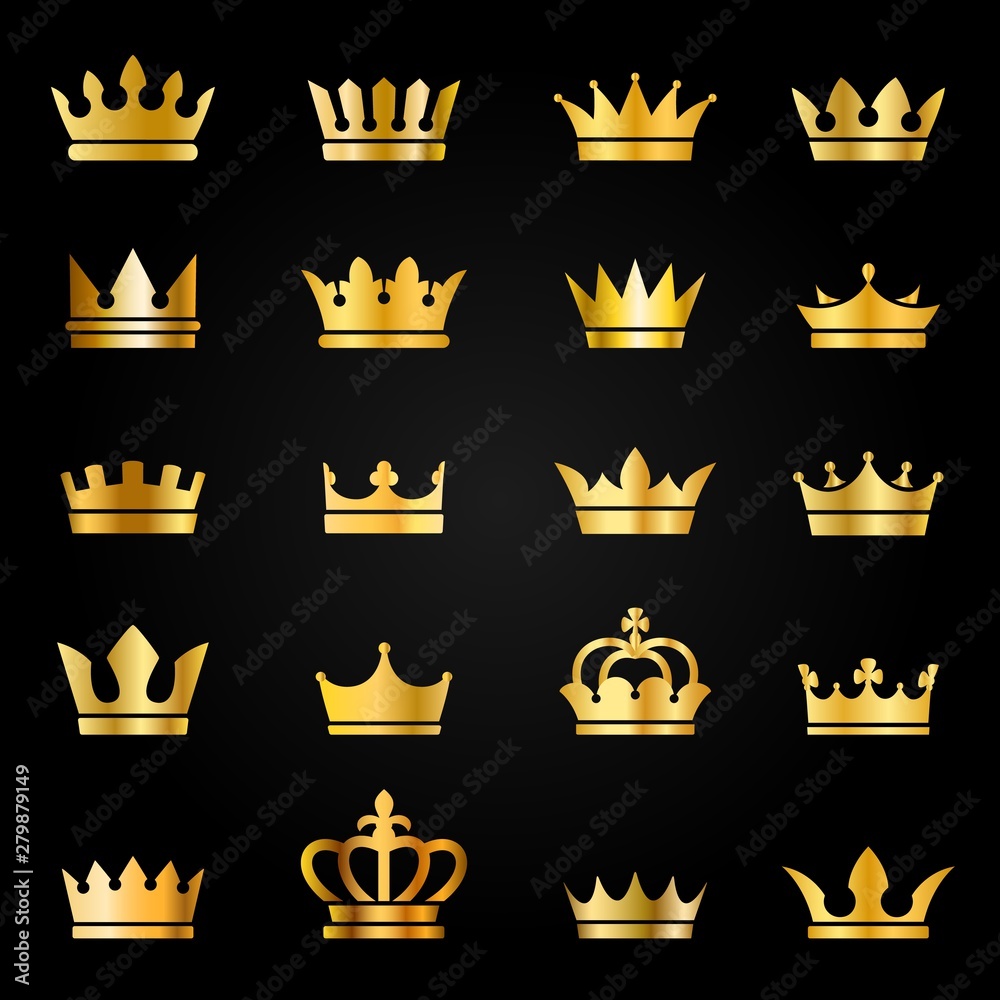 Gold crown icons. Queen king crowns luxury royal on blackboard ...