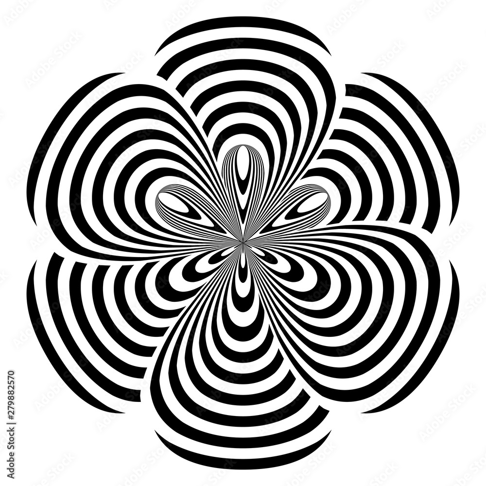 Abstract black and white striped round object in shape of flower ...