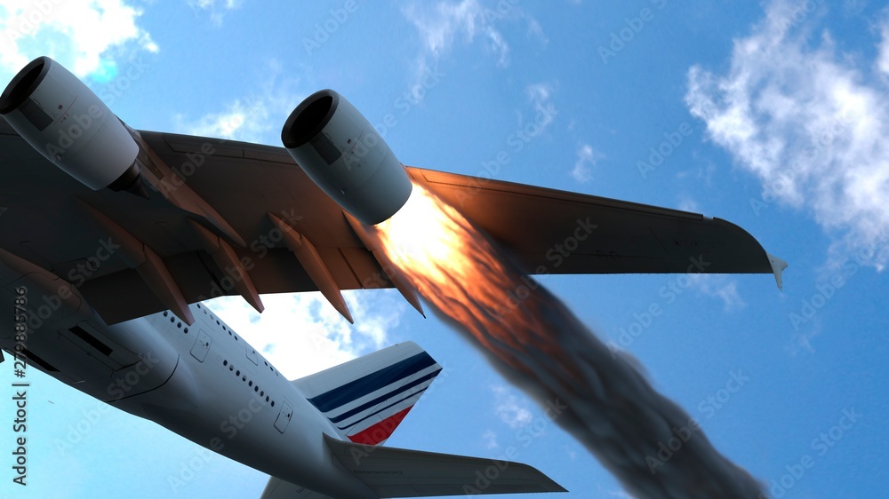 The engine of the aircraft caught fire and burns with the release of ...