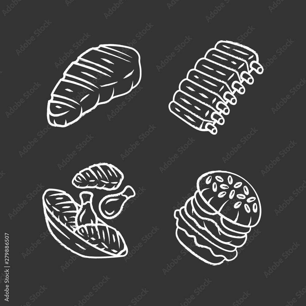 Meat dishes chalk icons set. Steak, beef ribs, chicken legs, burger ...