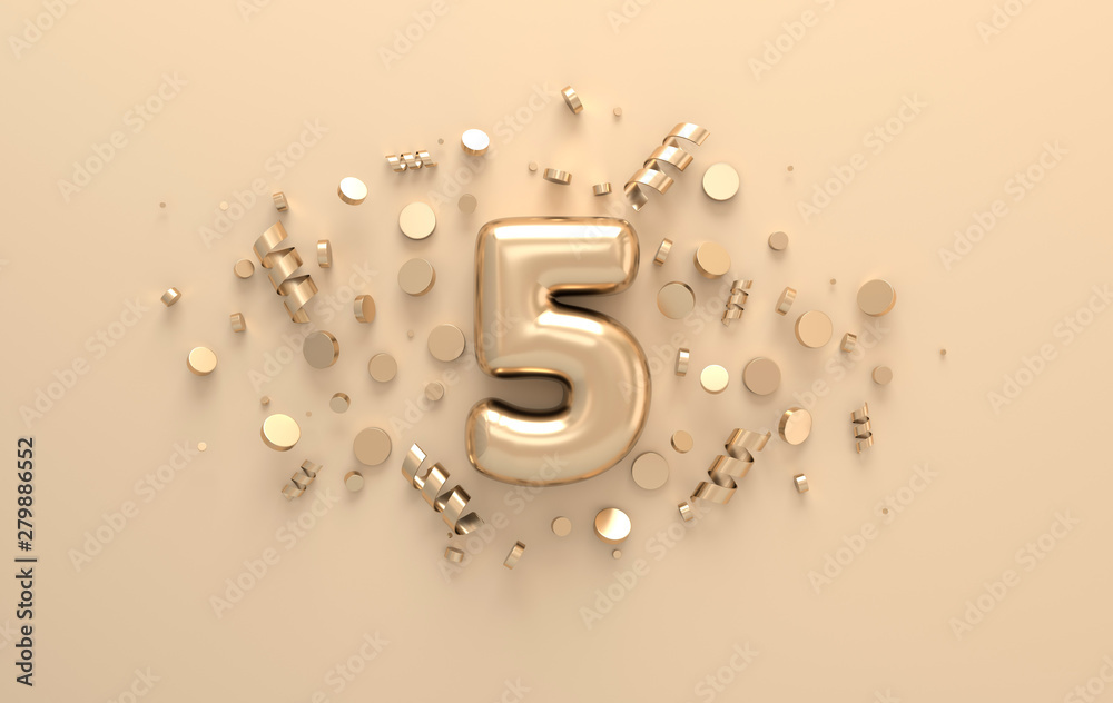 Golden 3d number 5 with festive confetti and spiral ribbons. Poster ...