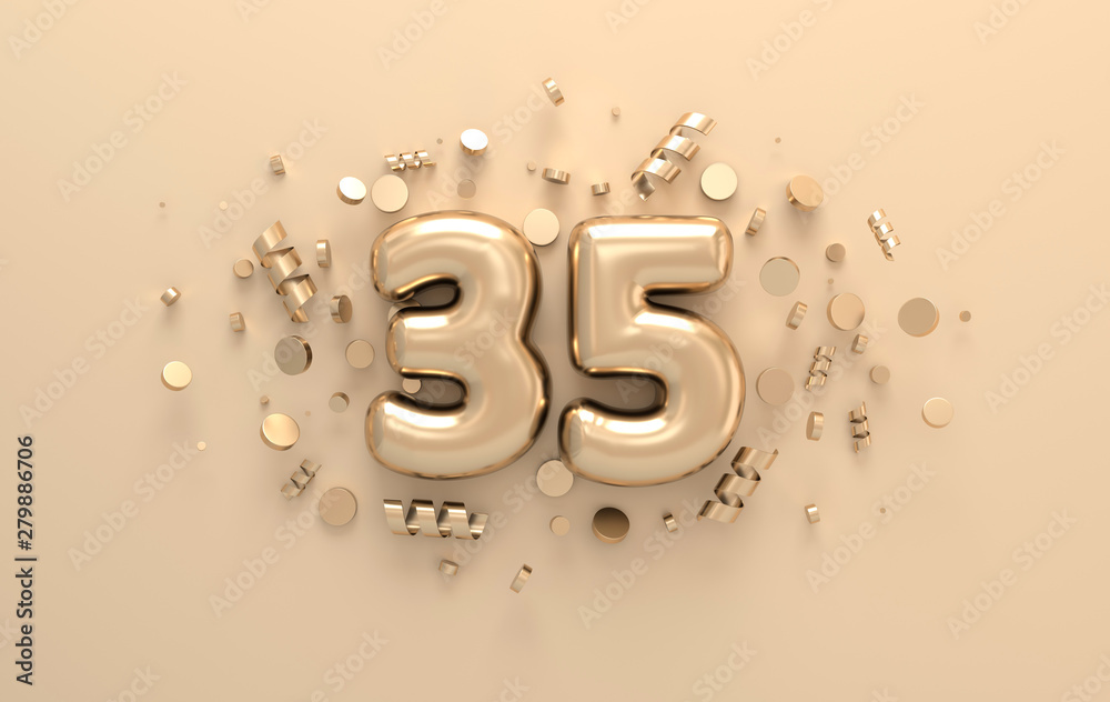 Golden 3d number 35 with festive confetti and spiral ribbons. Poster ...