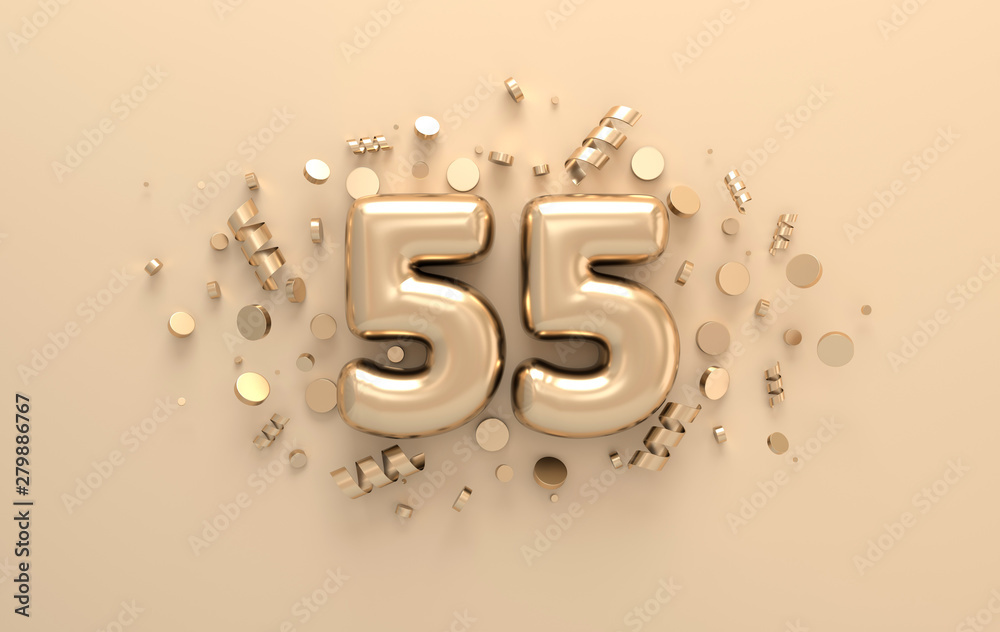Golden 3d number 55 with festive confetti and spiral ribbons. Poster ...