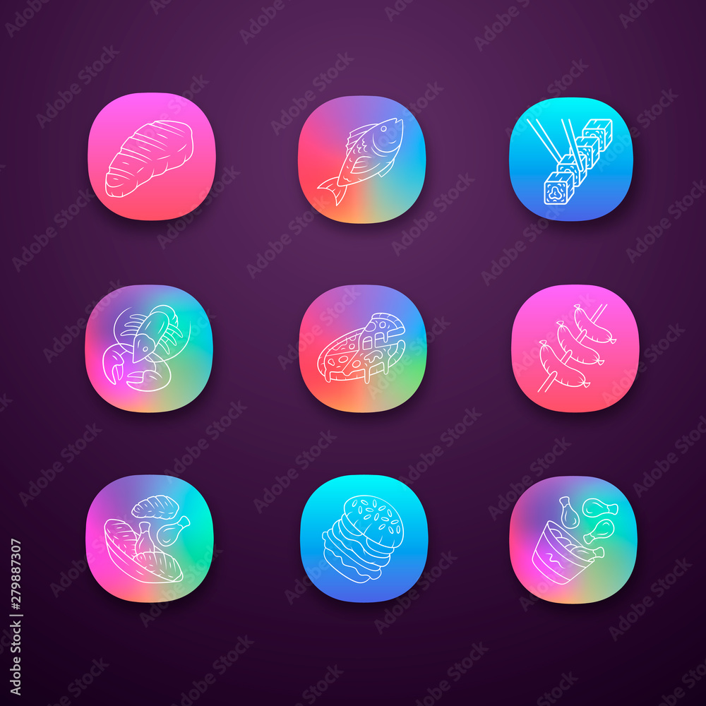 Restaurant menu app icons set. Fast food, italian and mediterranean ...