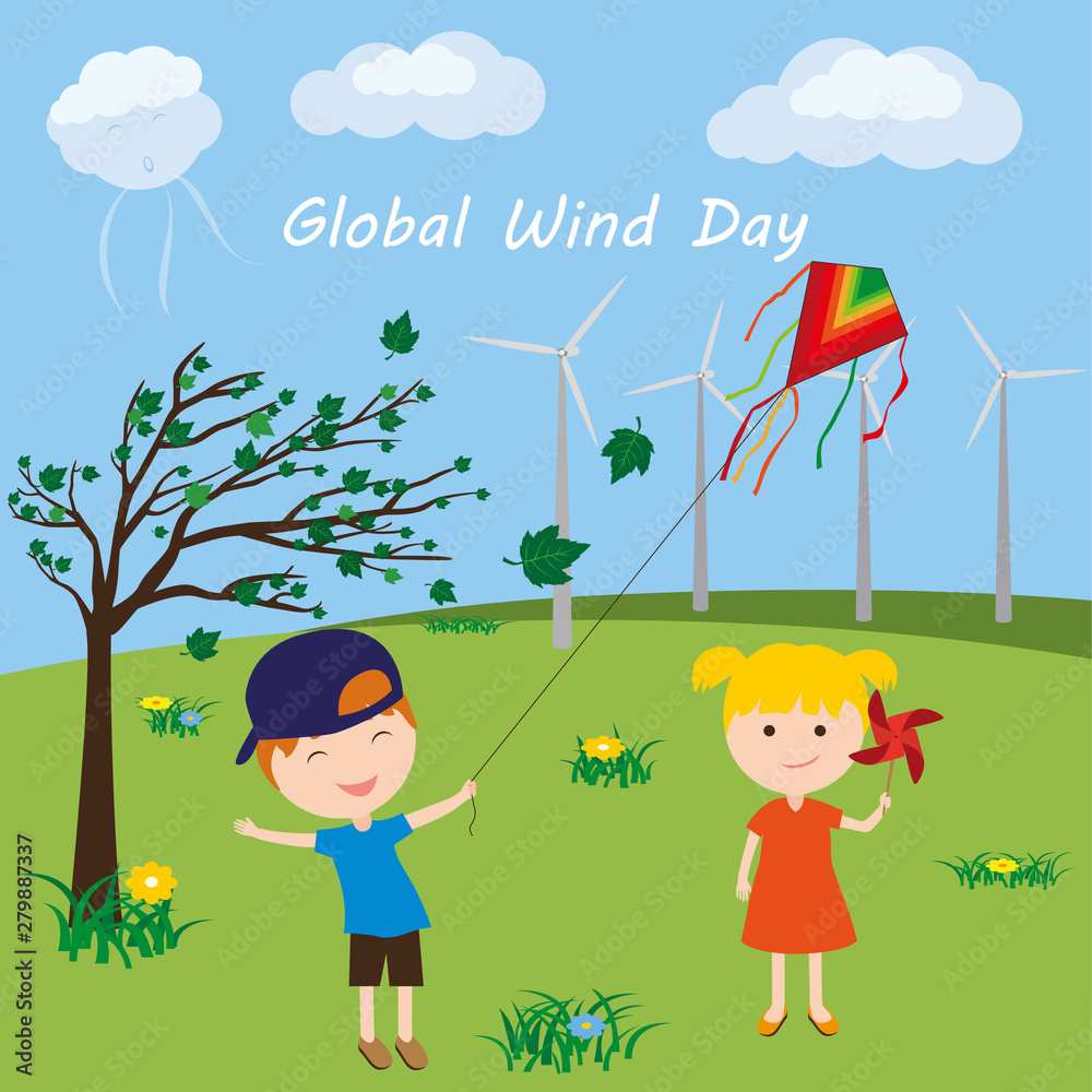 Global Wind Day. Little boy launches a kite. Little girl is holding a ...