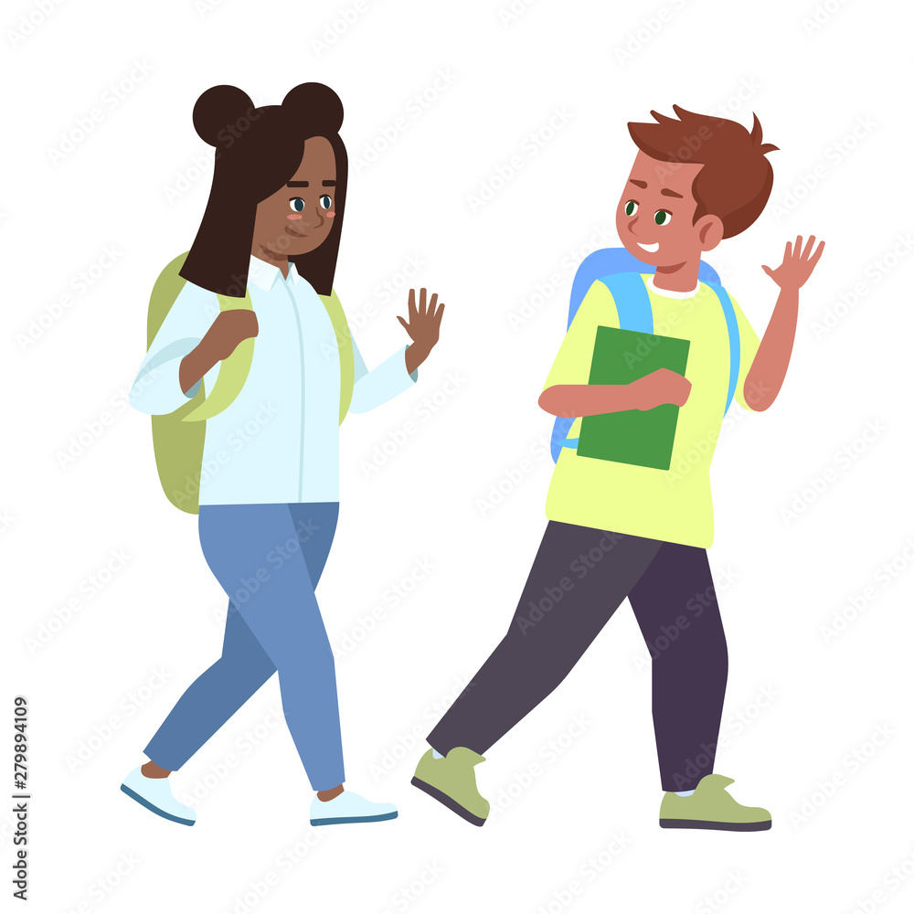 Multiracial schoolkids saying goodbye flat vector illustration. Happy ...