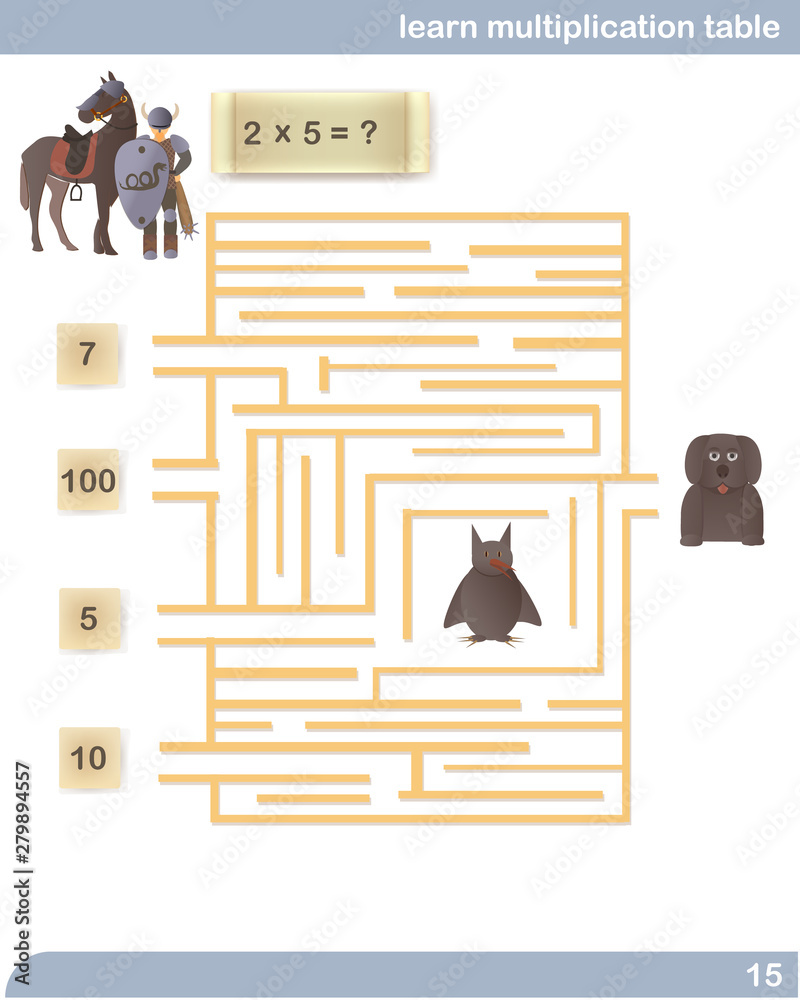 Maze. Learn multiplication table. Labyrinth. Viking Adventure. Vector ...