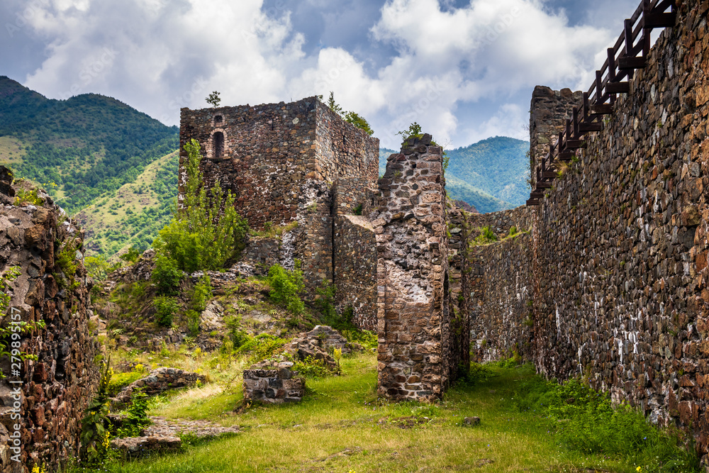 Interior of ruins of medieval fortress Maglic on top of hill by the ...