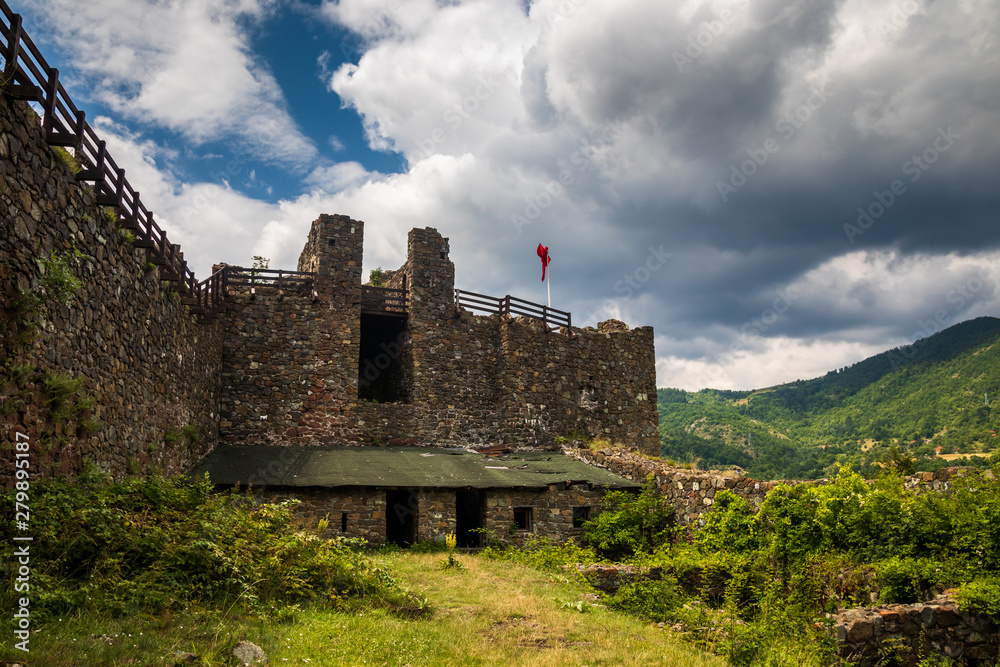 Interior of ruins of medieval fortress Maglic on top of hill by the ...