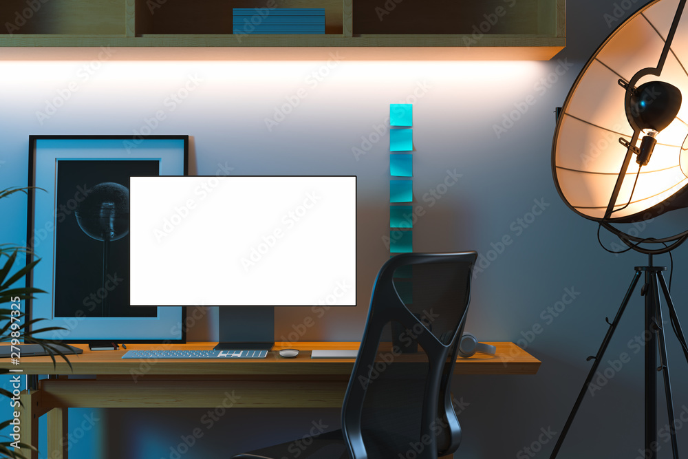 Black realistic pc with big blank white monitor, keyboard and photo ...