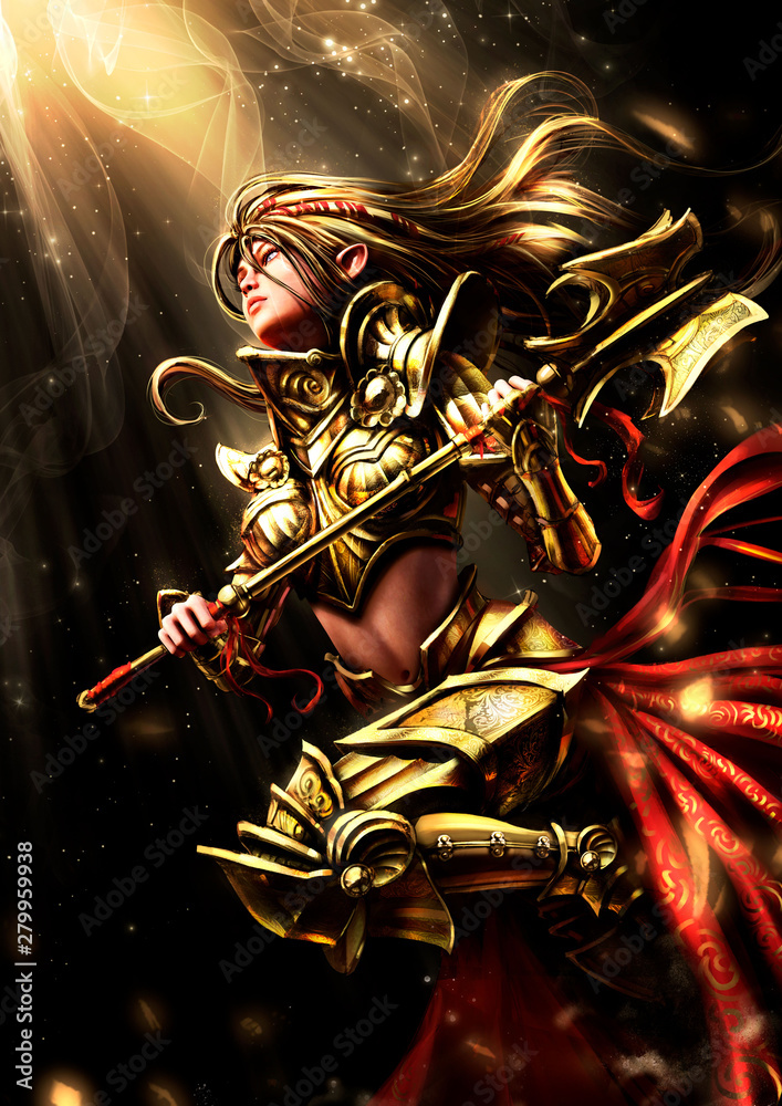 Elven girl paladin in Golden armor, surrounded by light, runs into ...