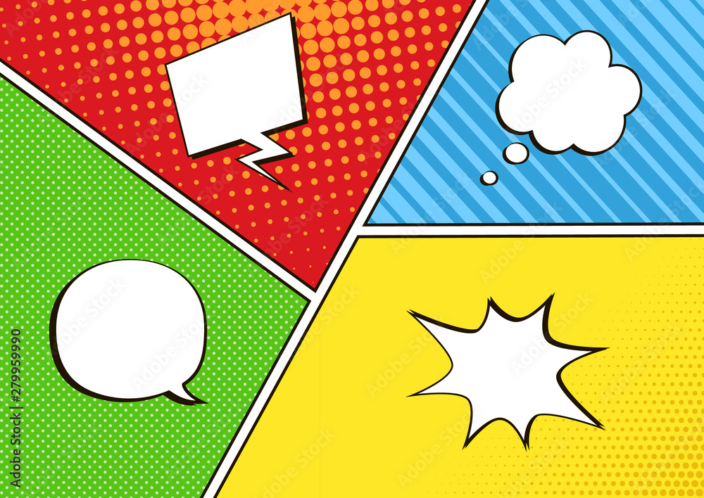 Colorful comic book background with empty white speech bubbles of ...