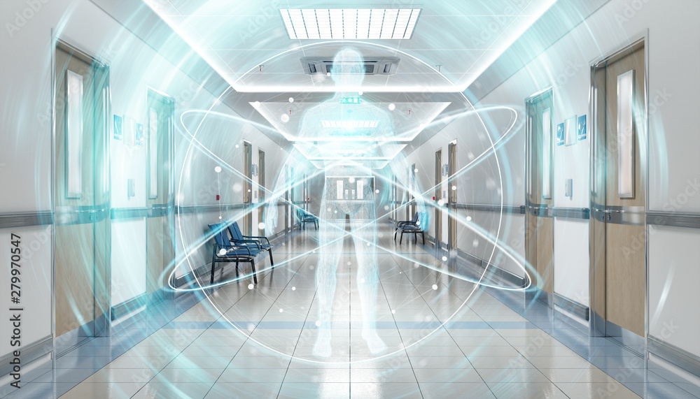 Hospital blue corridor with xray digital body floating in dots ...