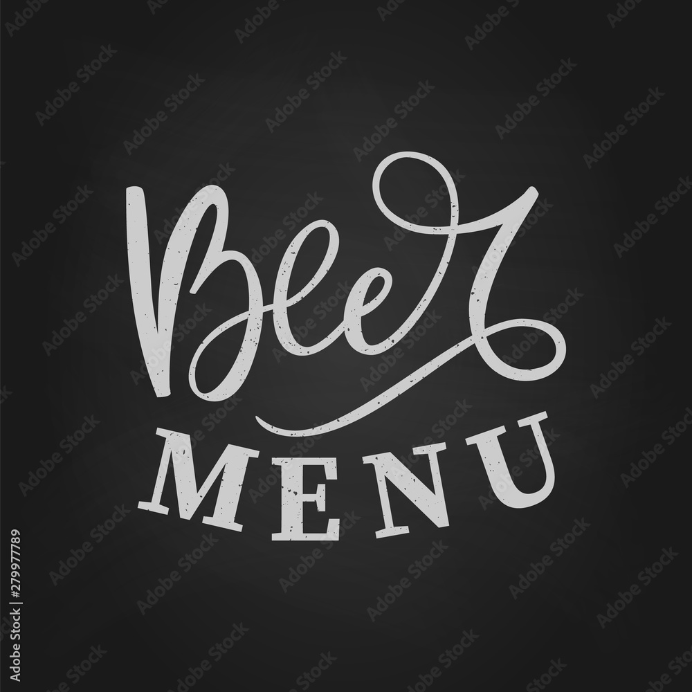 White hand drawn brush lettering Beer menu on chalkboard background ...
