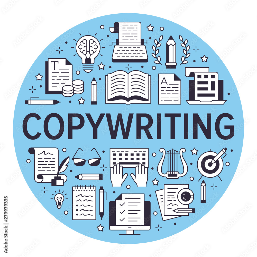 Copywriting vector circle banner flat line icons. Writer typing text ...