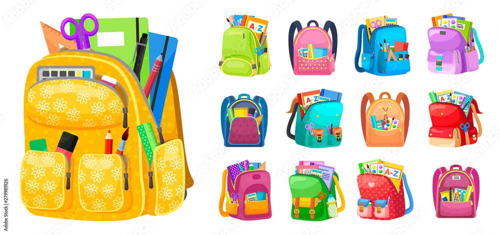 Backpack full of stationery objects, back to school. Vector isolated ...
