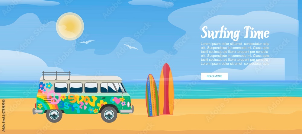 Surfing van on the sandy beach, surfboard, sea waves and clear sunny ...