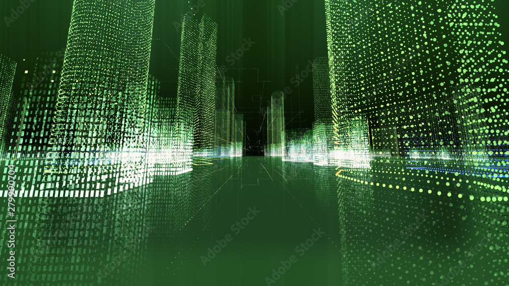 Futuristic matrix hologram city. Digital blueprint of buildings with ...