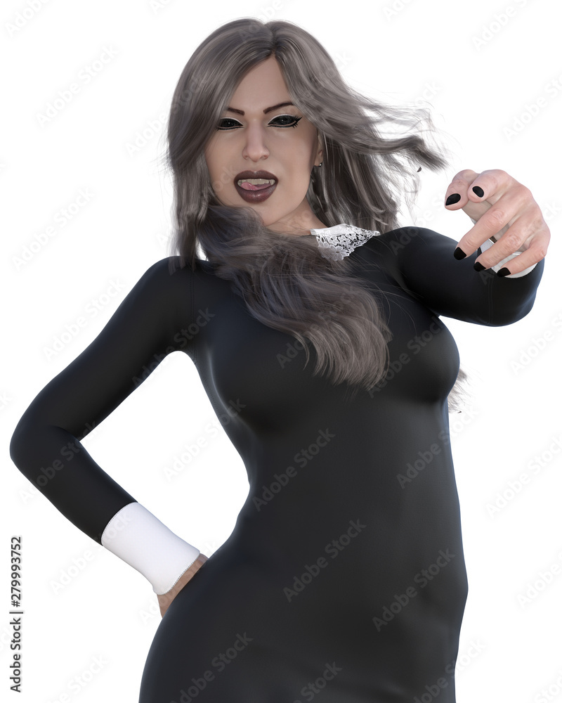 A beautiful female vampire with black eyes, in a black simple dress ...