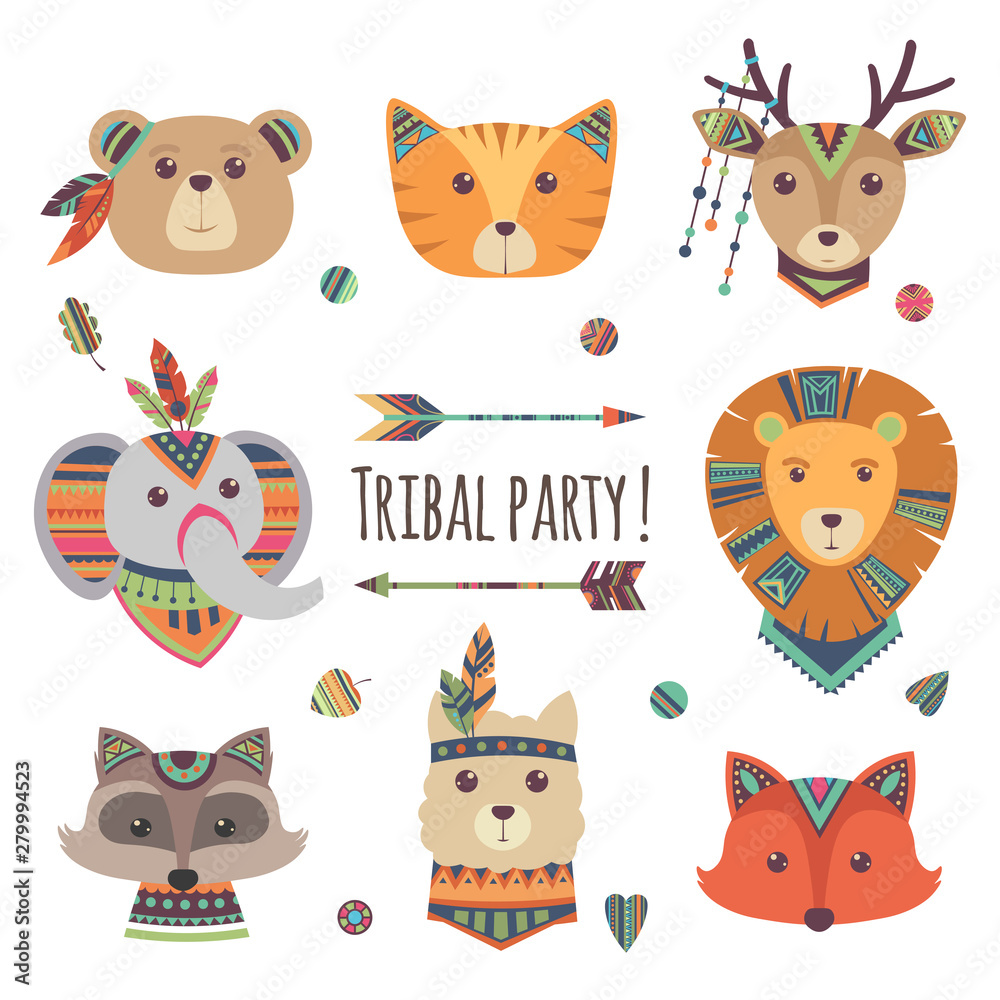 Cartoon tribal animal heads isolated on white background. Vector lama ...