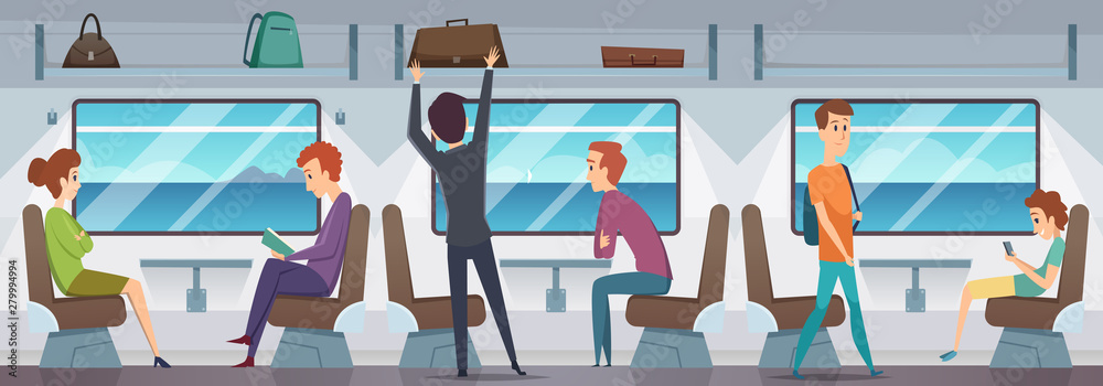 Train interior. People inside subway transport metro trains vector ...