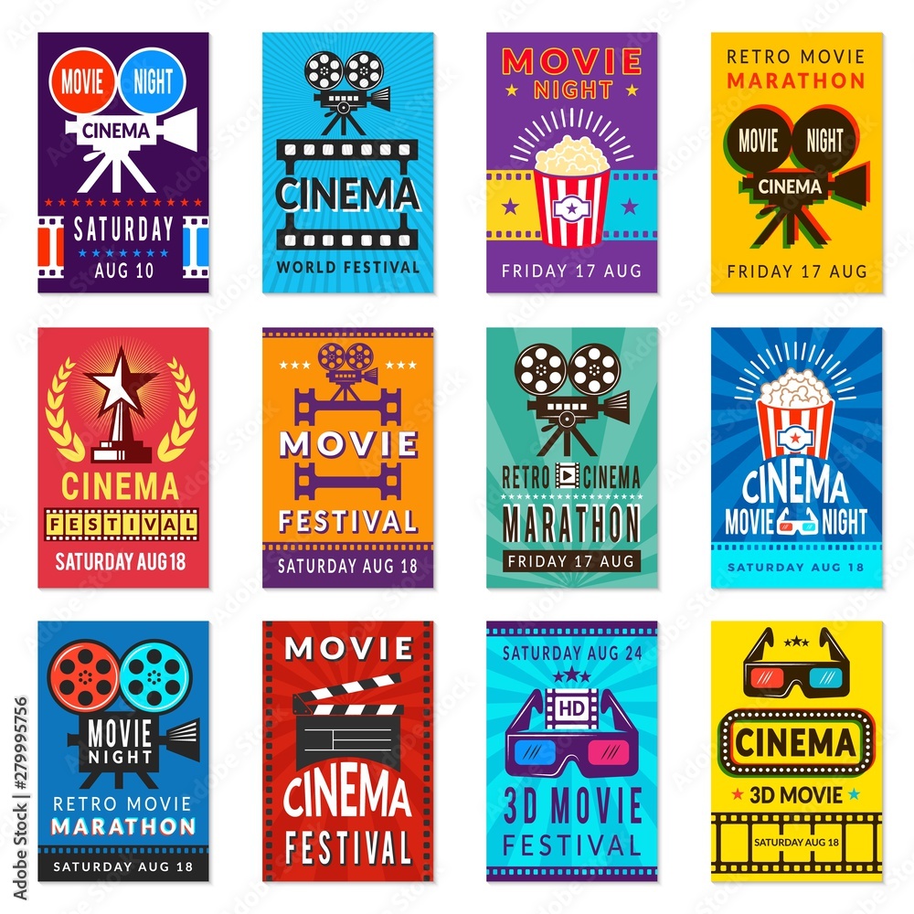 Cinema poster. Vintage film retro cards movies placard vector ...