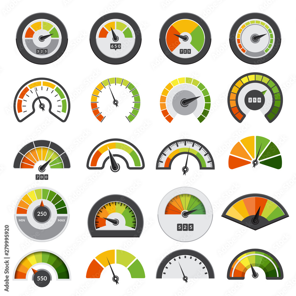 Speedometers collection. Symbols of speed score measuring tachometer ...