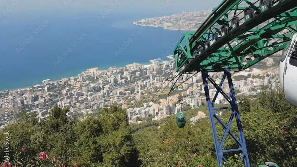 Jounieh Beach past the cable car supports seen from the top of Mount ...