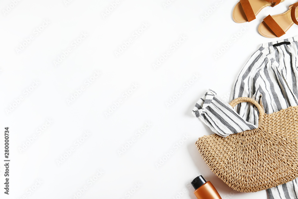 Casual fashion lookbook concept. Clothing and accessory items on white ...