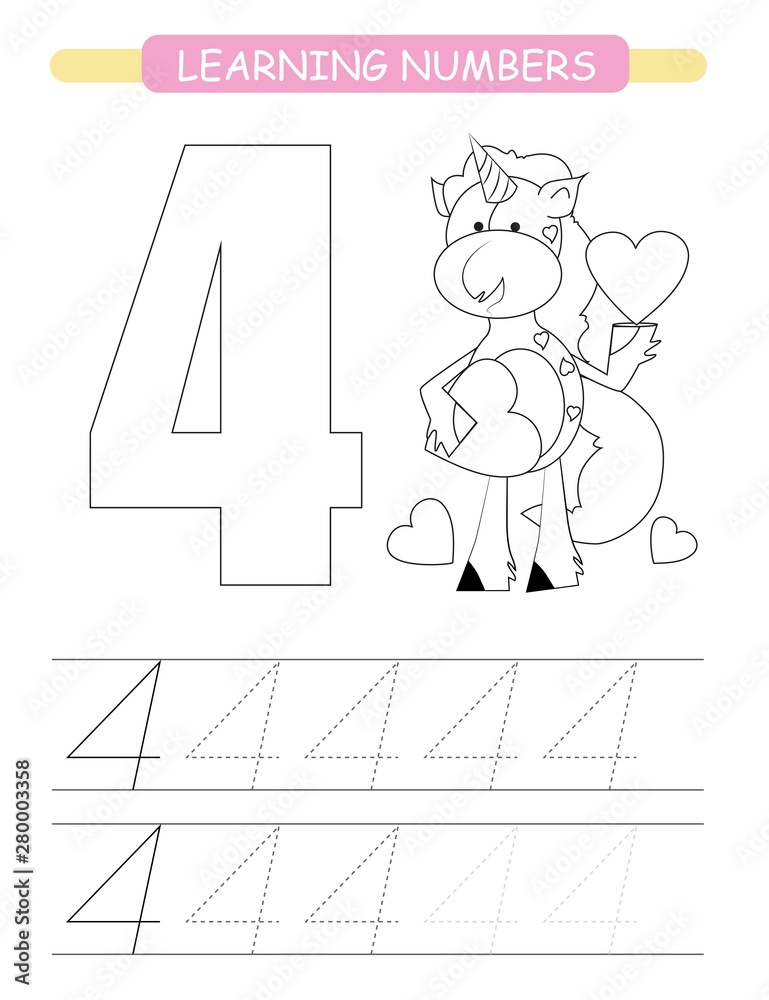 Funny children flashcard number four. Unicorn with hearts learning to ...