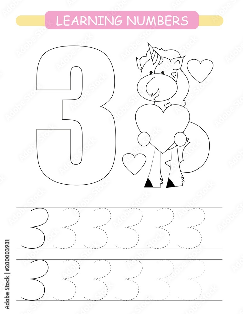 Funny children flashcard number three. Unicorn with hearts learning to ...