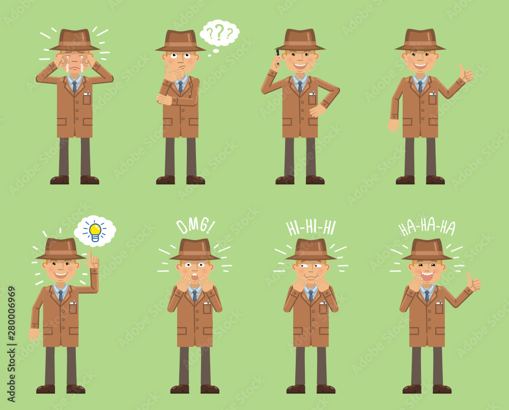 Set of detective characters posing in different situations. Cheerful ...