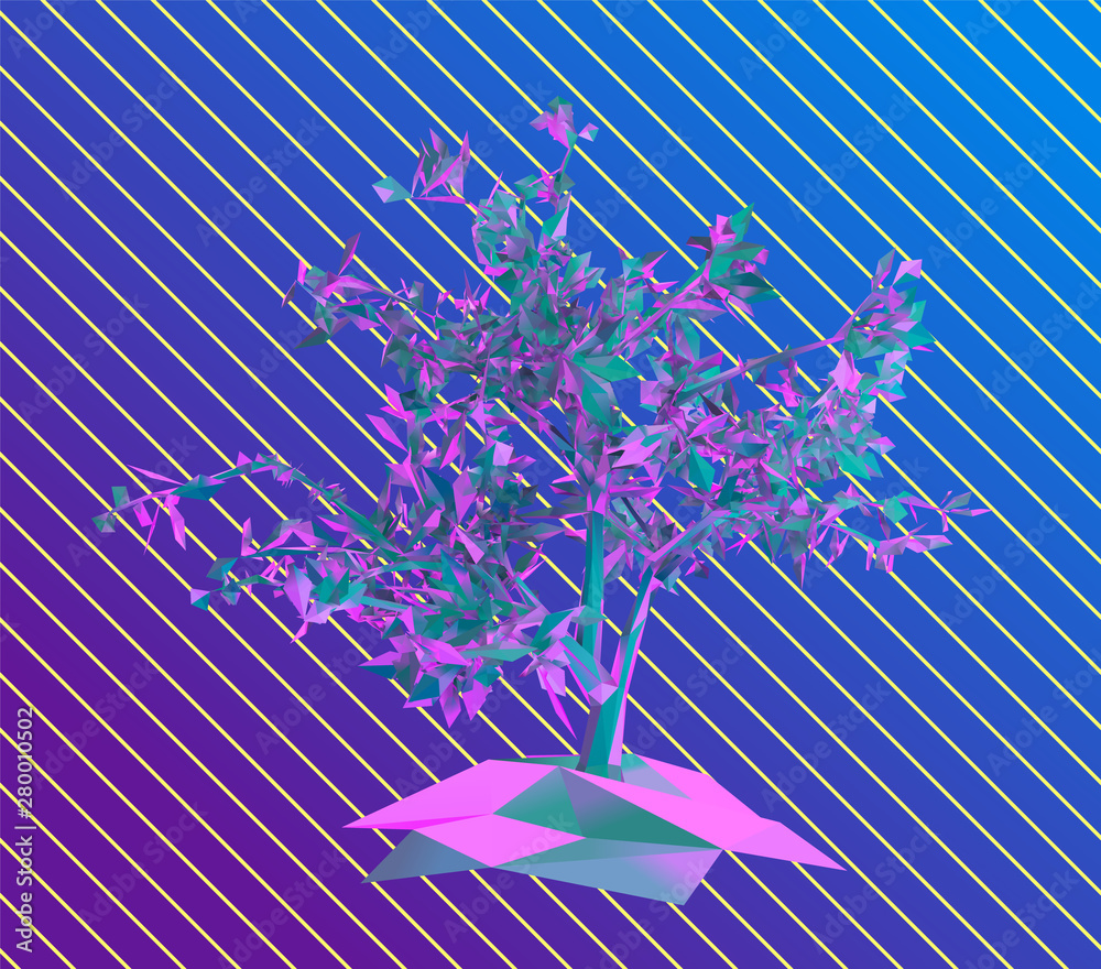 Psychedelic Vaporwave Tree on Retro Background. Low Poly Vector 3D ...