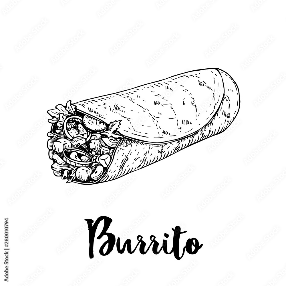 Hand drawn sketch style burrito wrap. Traditional Mexican cuisine ...