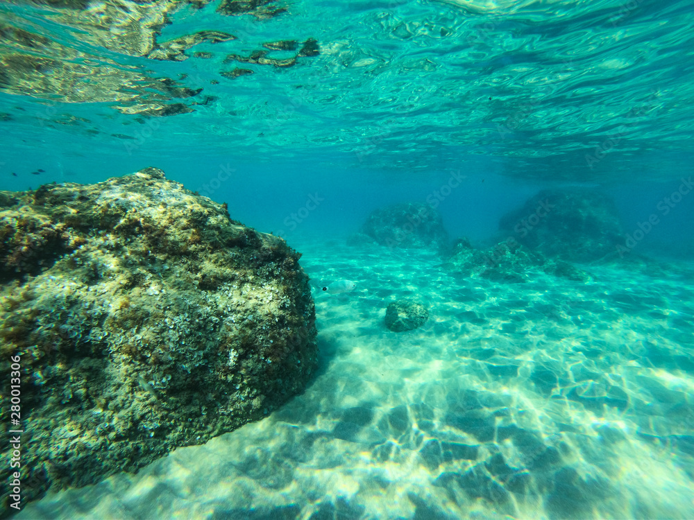 Underwater view of the rocks, sand and stones. The sandy and rocky ...