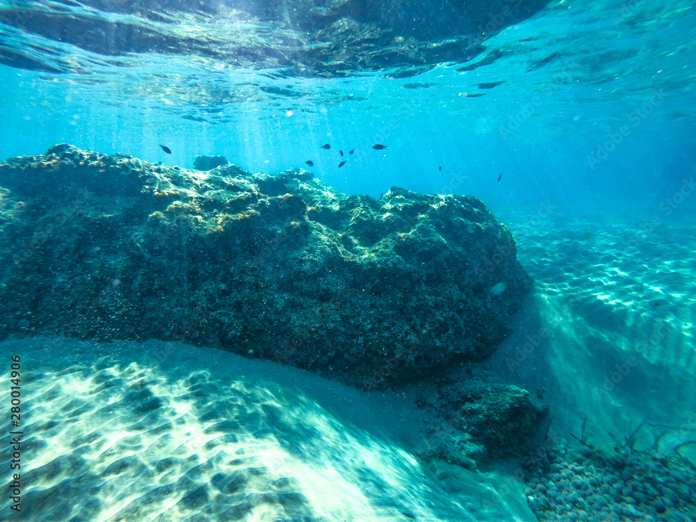Underwater view of the rocks, sand and stones. The sandy and rocky ...