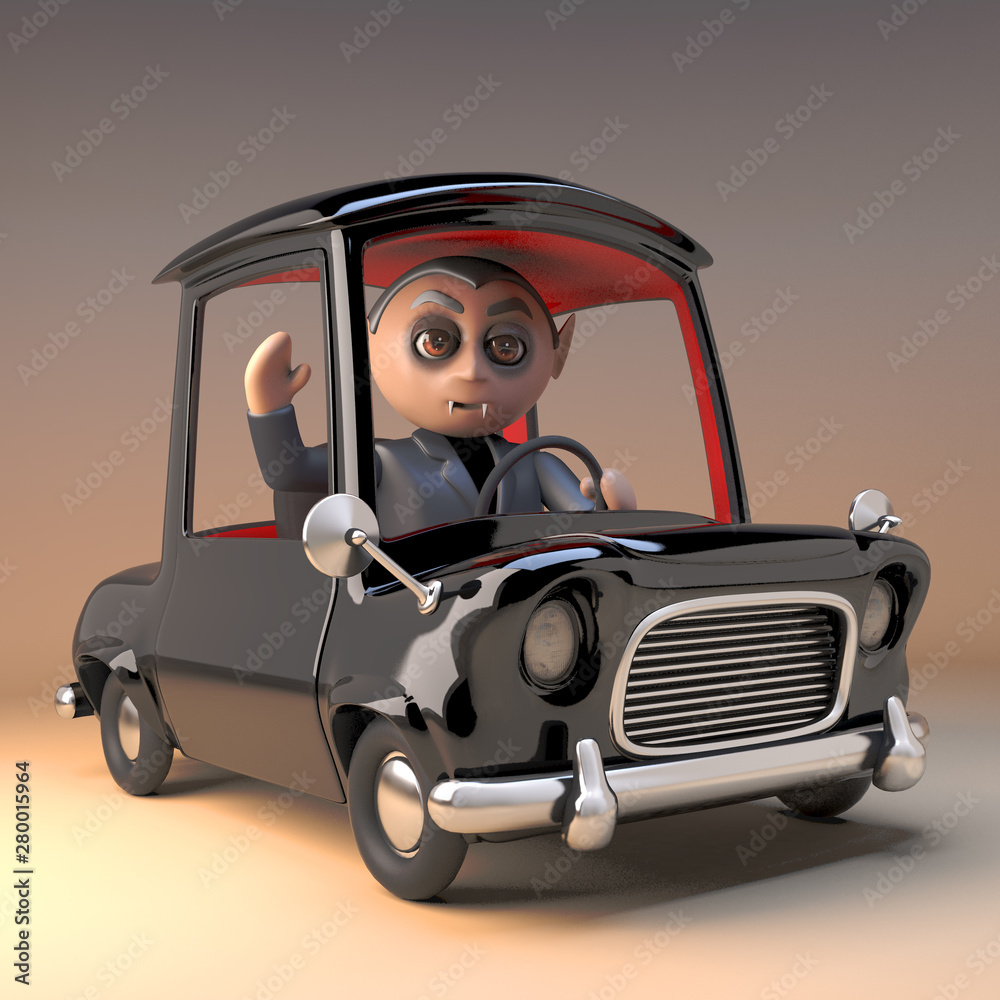 3d vampire dracula character driving in a cartoon black car, 3d ...