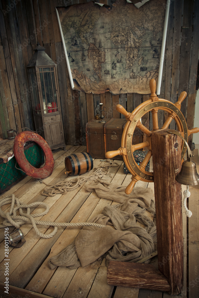 The interior of an old wooden ship. Treasure Chest, Vintage Map, Old ...