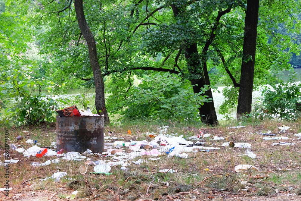 Contamination of nature with garbage waste. Garbage after a picnic is ...